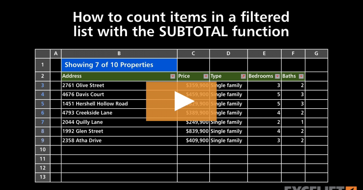 How To Count Items In A Filtered List video Exceljet